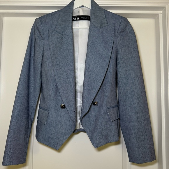 Zara | Jackets & Coats | Zara Denim Blue Cropped Jacket With Silver ...